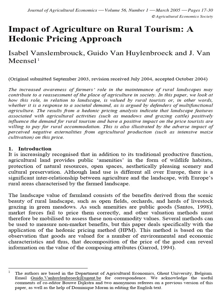 Impact of Agriculture On Rural Tourism: A Hedonic Pricing Approach | PDF | Agriculture ...