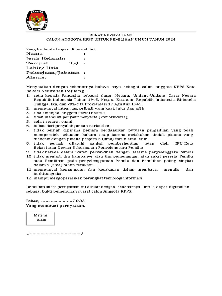 Surat Pernyataan KPPS | PDF