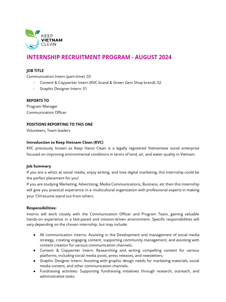 JD - KVC - Comm - Intern (AUG2024) | PDF | Internship | Job Hunting