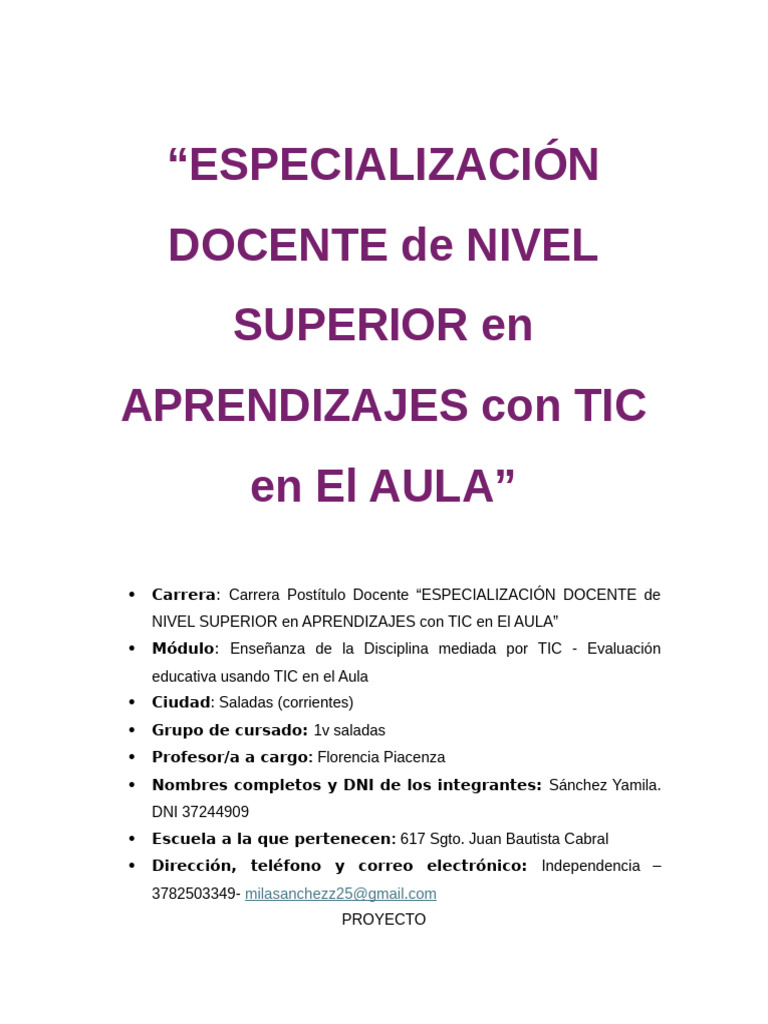 Sánchez Yamila - Proyecto TIC | PDF | Salón de clases | Tecnología de ...