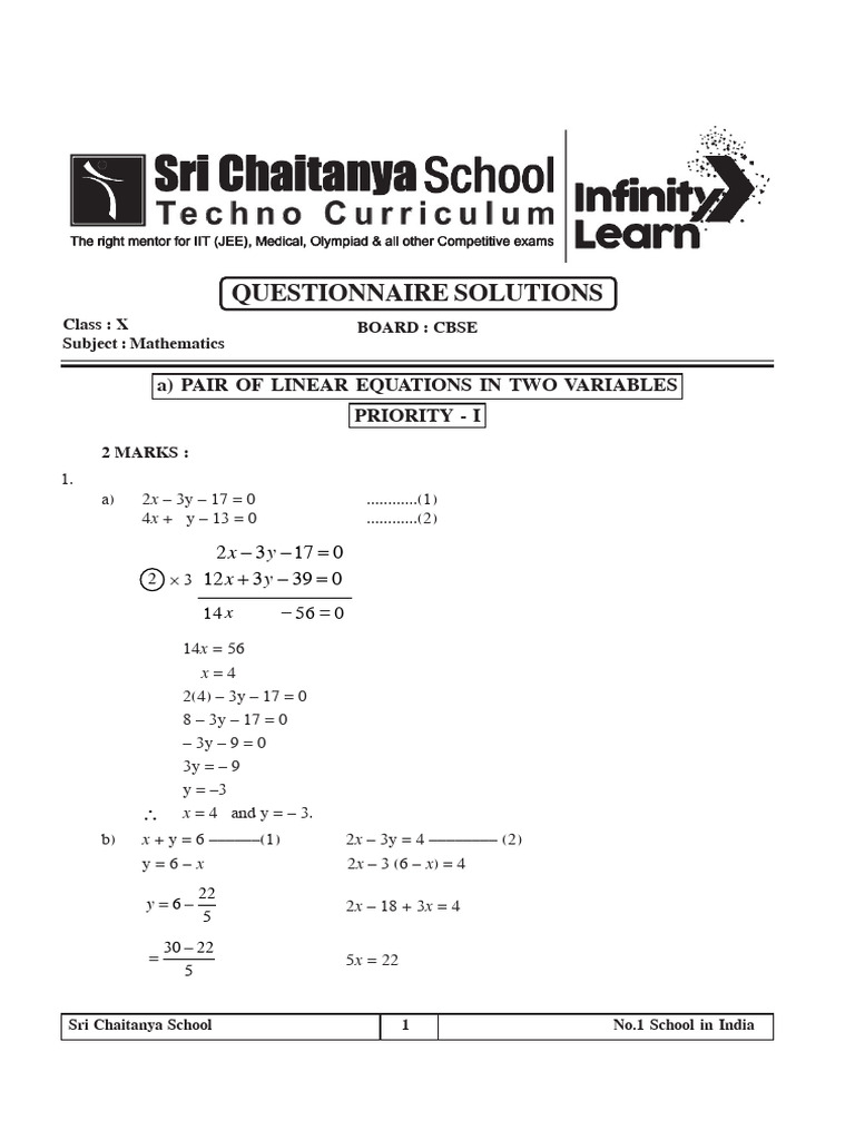 CBSE MATH PH - II A) PAIR OF LINEAR EQUATIONS IN TWO VARIABLES SOLUTIONS | PDF | Algebra | Equations
