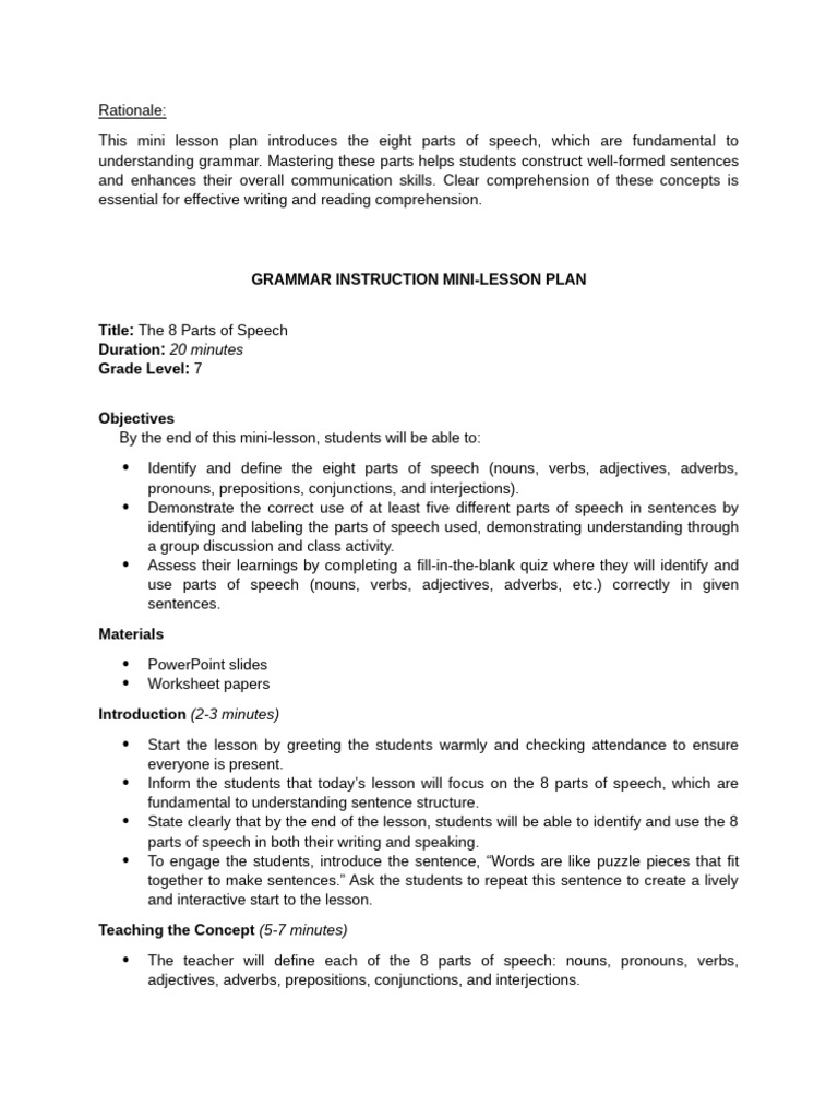 Mini-Lesson Plan | PDF | Part Of Speech | Adverb