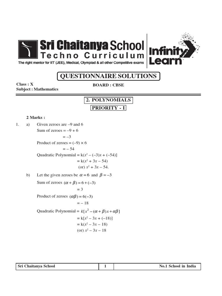 Cbse Math PH - Ii Polynomials Solutions | PDF | Zero Of A Function | Polynomial