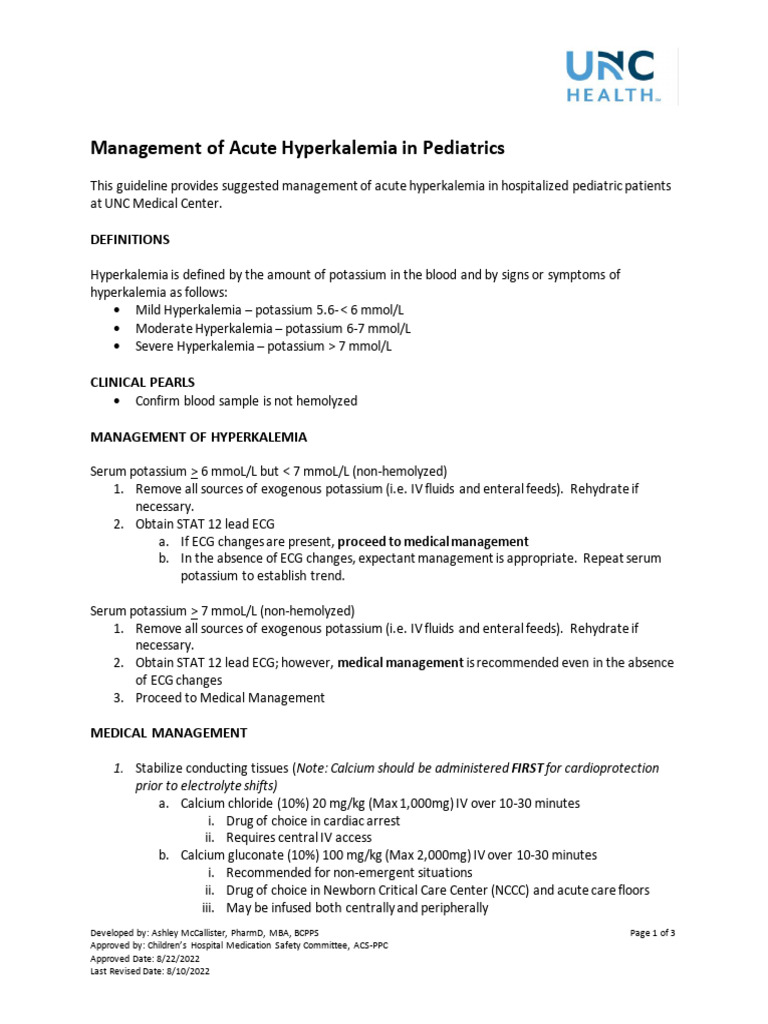 Hyperkalemia+Management+in+Pediatrics U N C August 22 | PDF | Medical ...