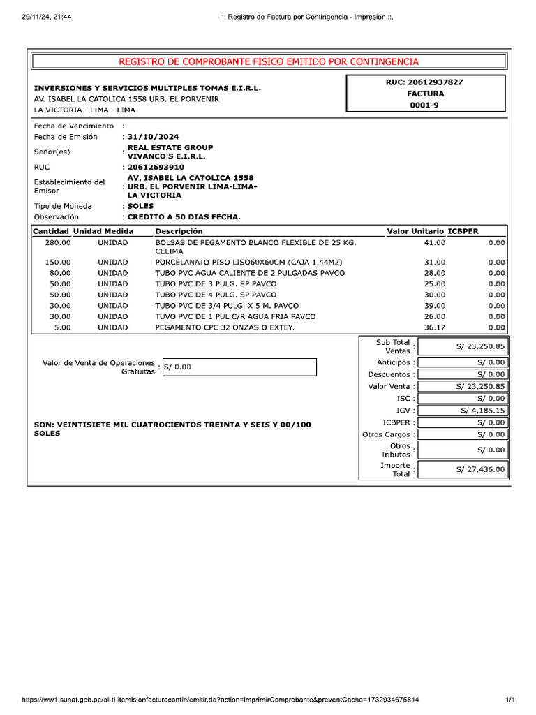 Contingencia Tomas - Factura 0001-000009 - Real Estate Group Vivancos ...