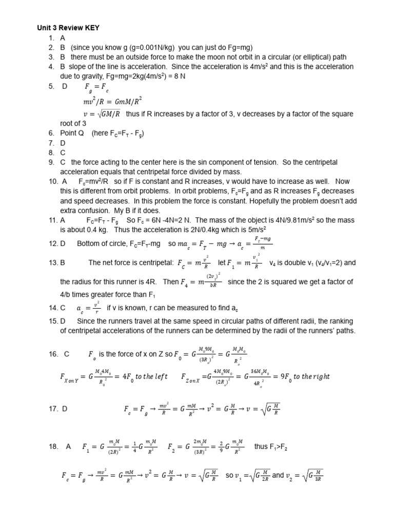Unit 3 Review ANSWER KEY | PDF | Acceleration | Force