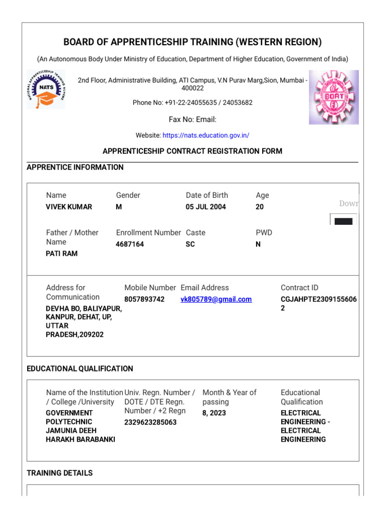 Apprenticeship Contract Registration Form | PDF | Apprenticeship ...