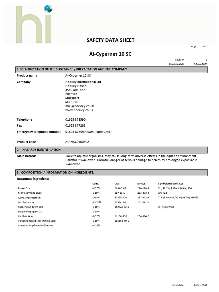Al-Cypernet Safty Sheet | PDF | Carbon Dioxide | Breathing