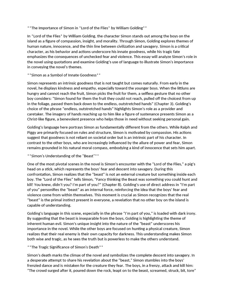 Essay Example The Importance of Simon in LOFT | PDF