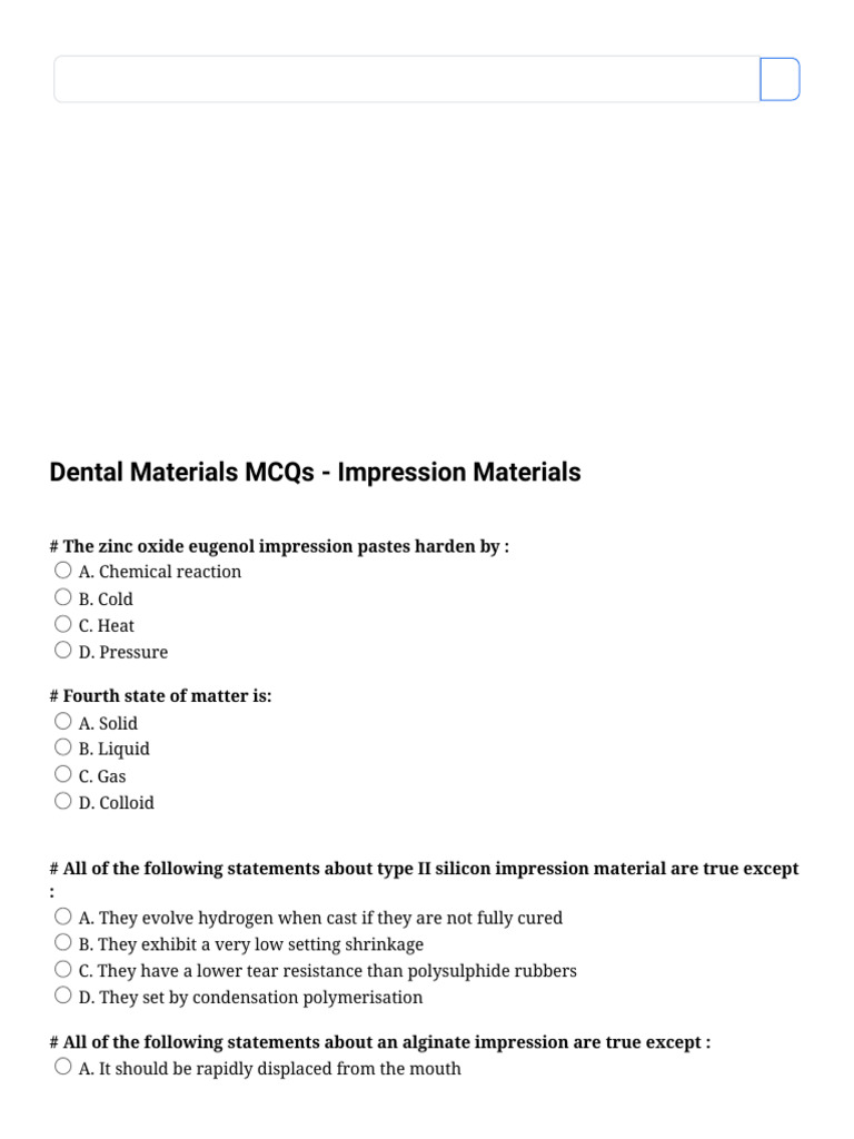 Dental Impression Materials MCQs | PDF | Physical Chemistry | Physical ...