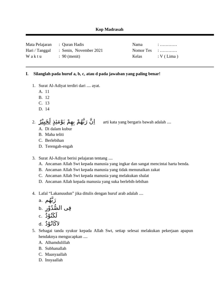 Soal Alquran Hadistkelas5fix | PDF