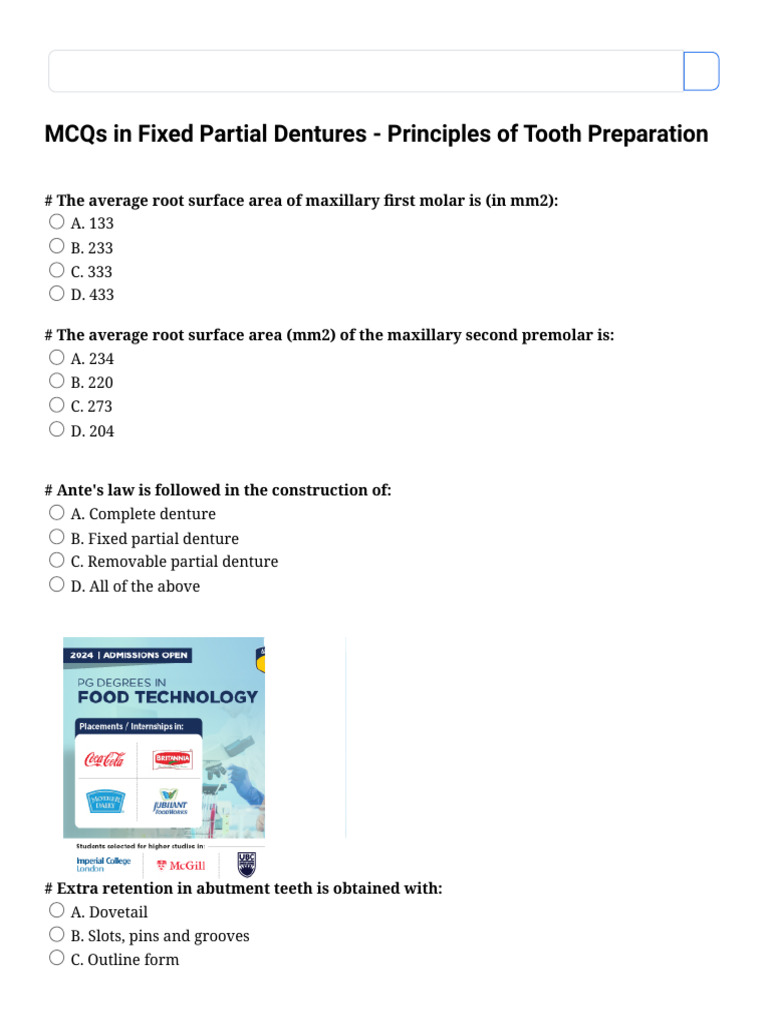 MCQs in Fixed Partial Dentures - Tooth Preparation | PDF | Tooth | Dentistry Branches