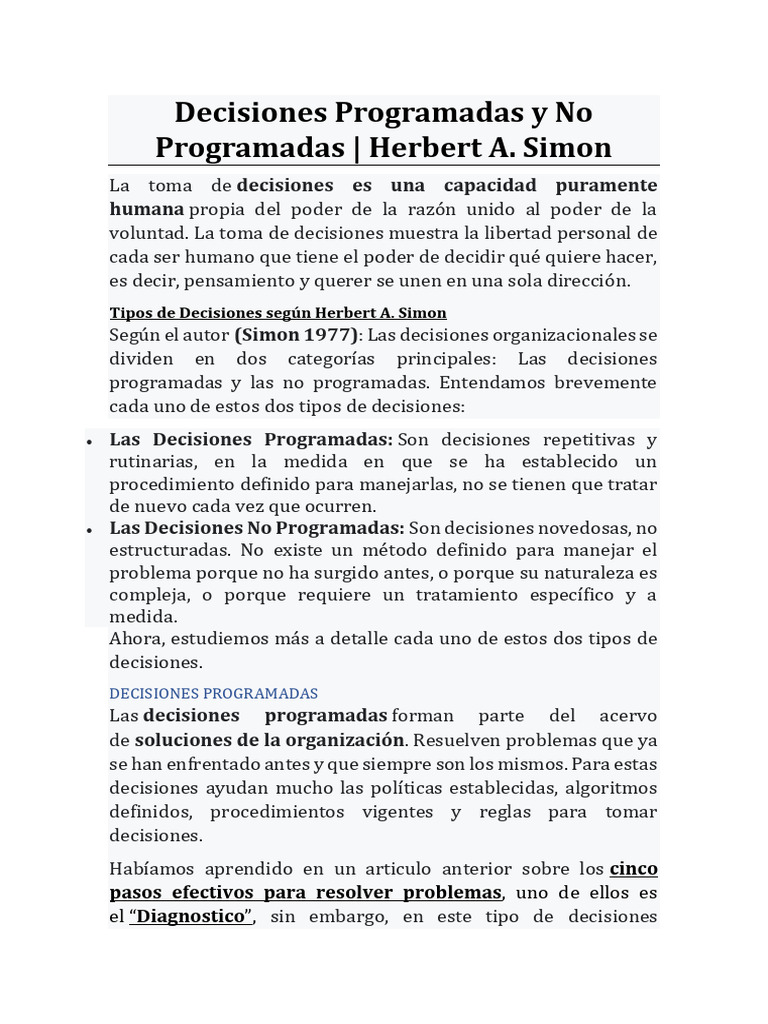 Tipos de Decisiones: Programadas y No Programadas | PDF | Toma de decisiones