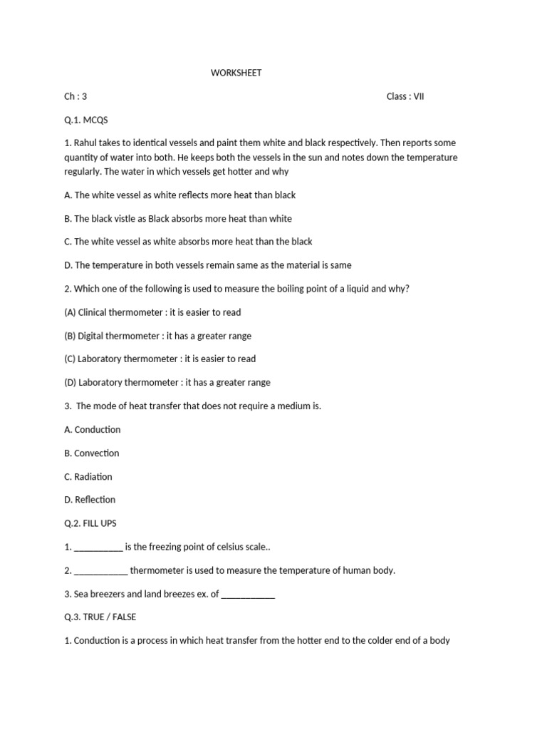 WORKSHEET Ch-3 Class-VII | PDF
