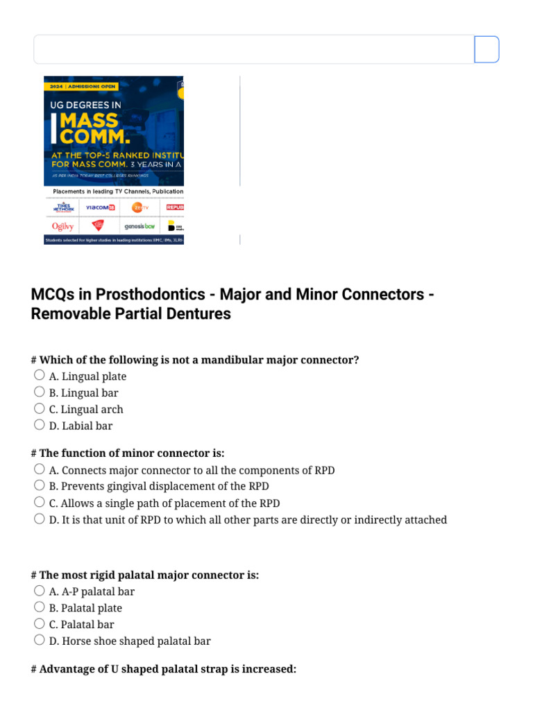 MCQs in Prosthodontics - Major and Minor Connectors - Removable Partial Dentures | PDF ...