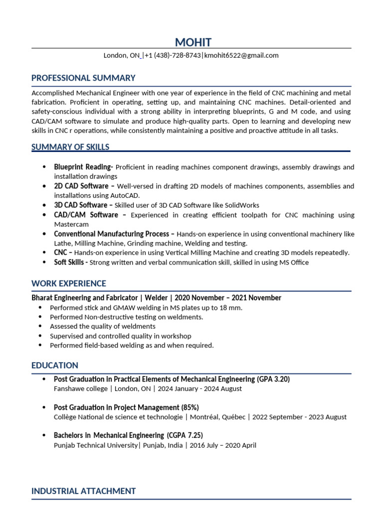 Mohit CV | PDF | Numerical Control | Metal Fabrication