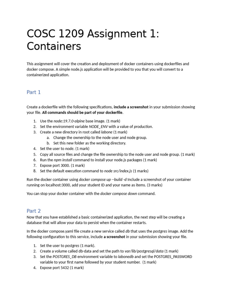 COSC 1209 Assignment 1 (Docker File) | PDF | Postgre Sql | Computer File