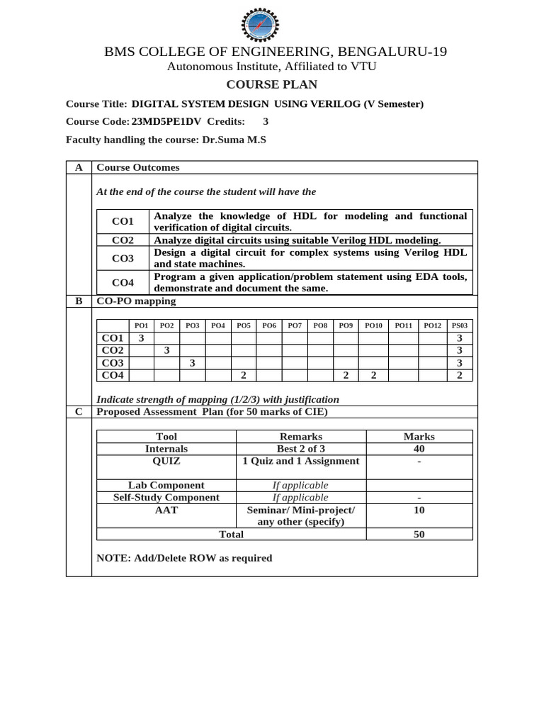 Dsd Using Verilog 5th Sem Course Plan Pdf Field Programmable Gate Array Computer Engineering