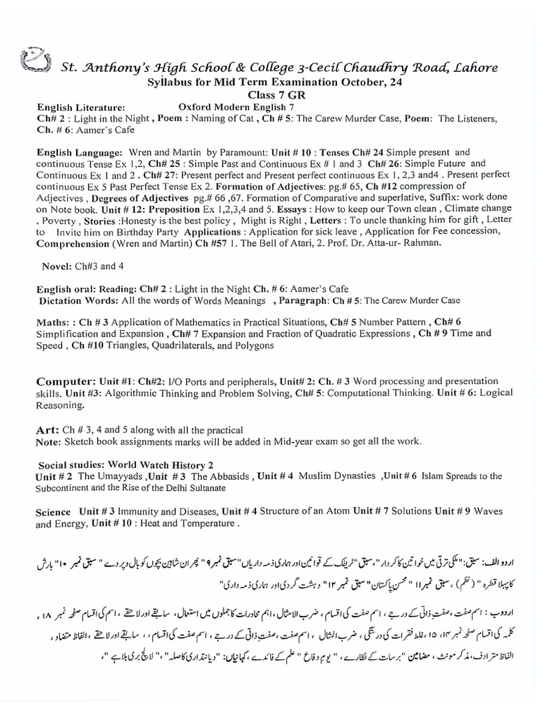 Mid Term Syllabus Class 7 GR | PDF