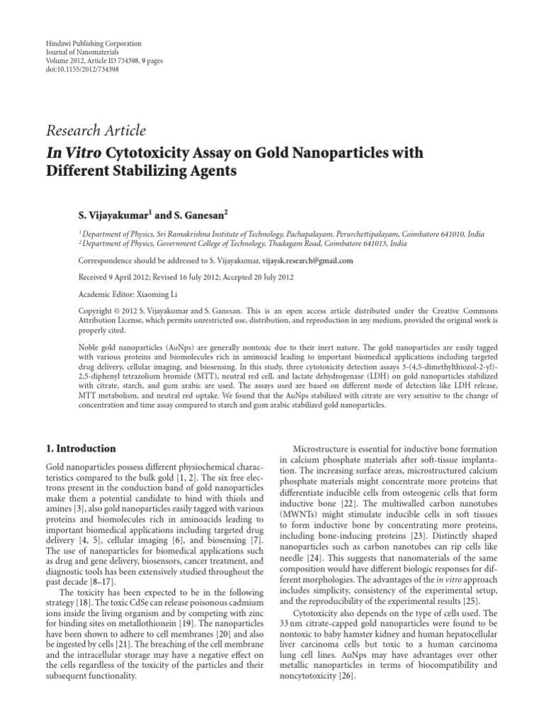 In Vitro Cytotoxicity Assay On Gold Nanoparticles With Different ...