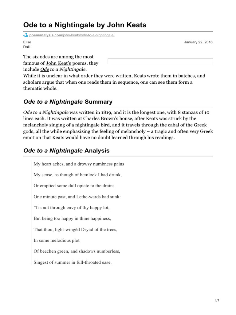 Ode To A Nightingale by John Keats | PDF | John Keats
