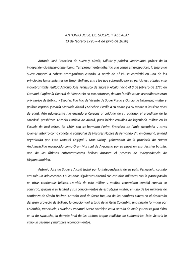 Antonio Jose de Sucre y Alcala | PDF | América del Sur