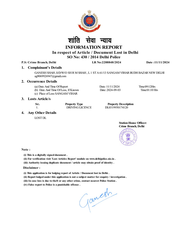 Information Report: in Respect of Article / Document Lost in Delhi | PDF