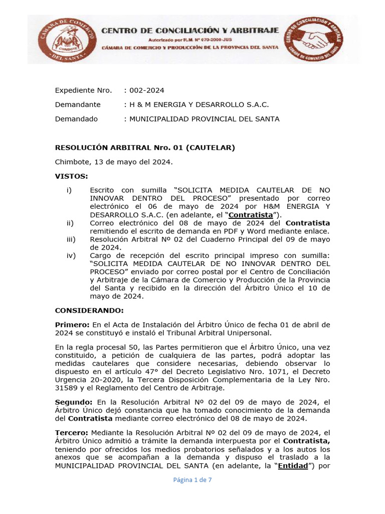 Resolucion Arbitral 01 - Cautelar - Exp 002-2024 | PDF | Mandato | Arbitraje