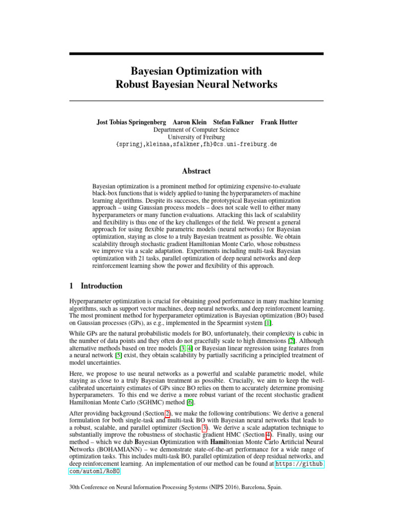 NIPS 2016 Bayesian Optimization With Robust Bayesian Neural Networks Paper | PDF | Artificial ...