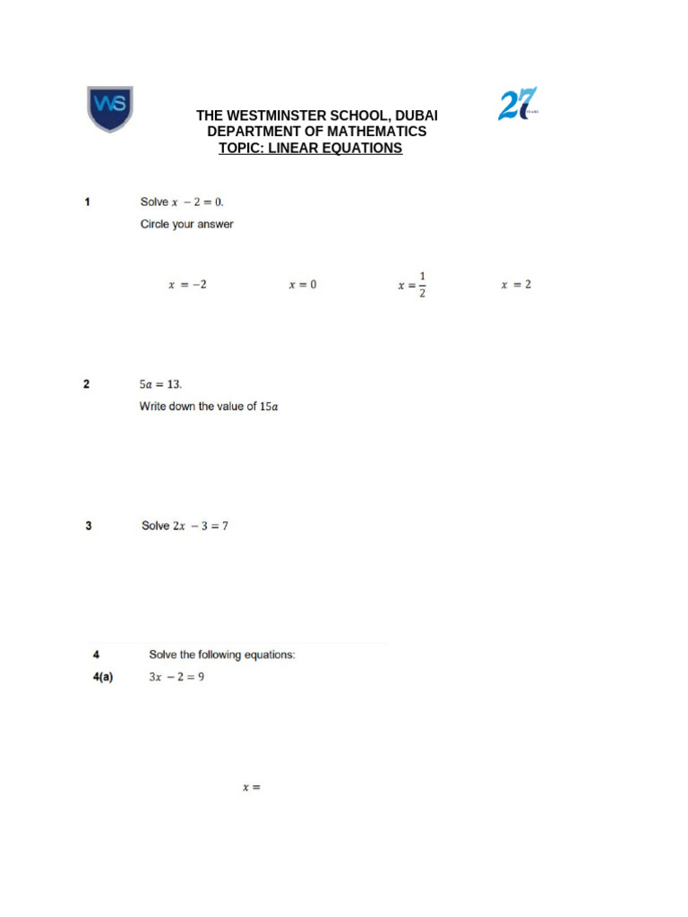 Yr9 Linear Equations Ws and Aswer Key | PDF