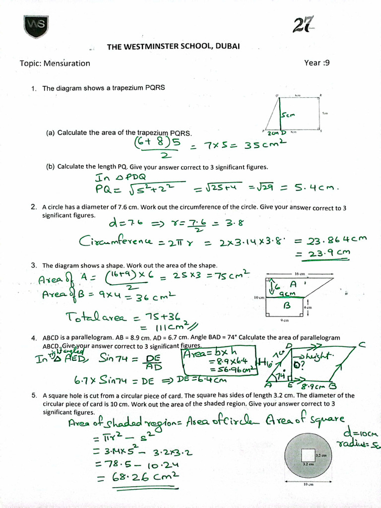 Year 9-Mensuration Worksheet - Marking Scheme | PDF