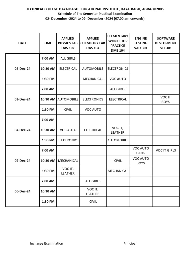 TC End Sem Practicals Schedule Odd Sem 2023-24 | PDF | Physical Sciences