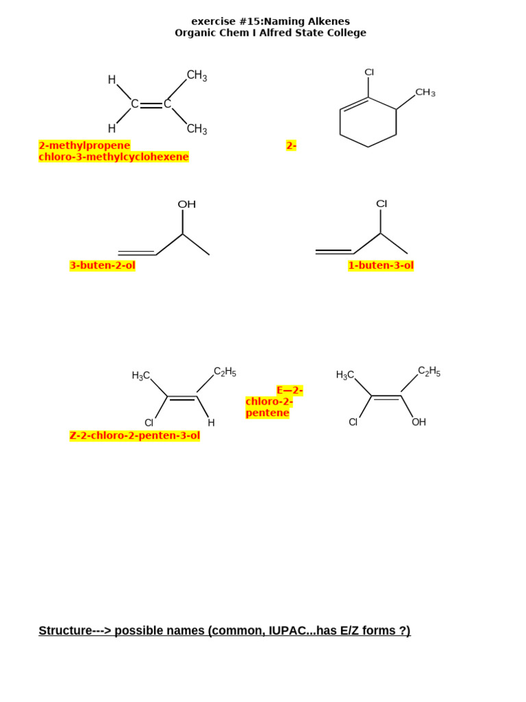 Naming Alkenes Practice Exercises | PDF