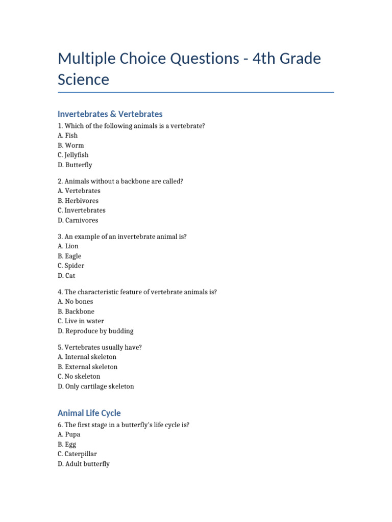 Multiple Choice Questions 4th Grade Science | PDF