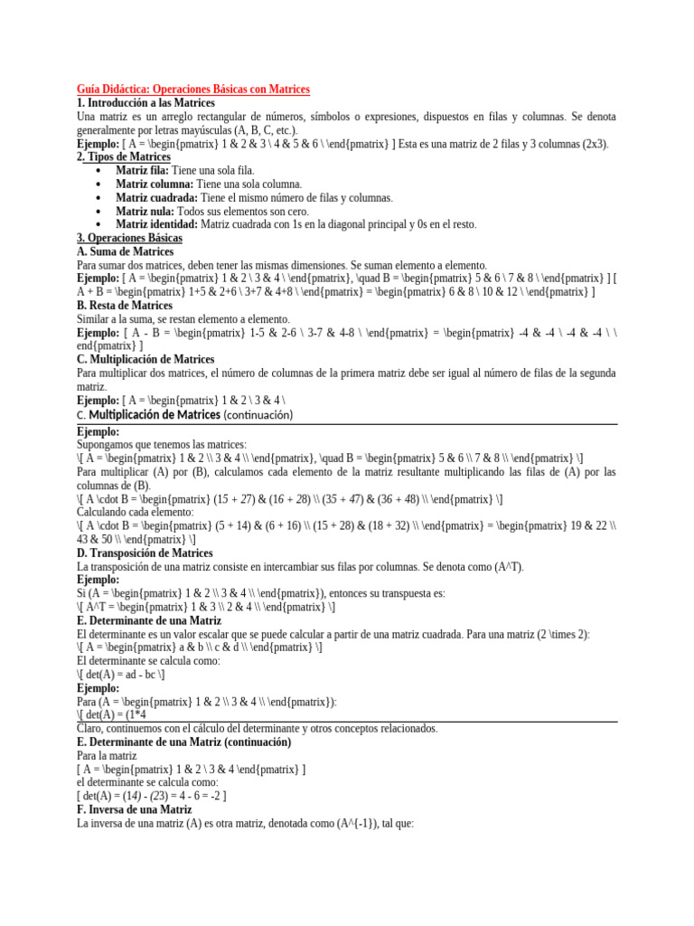 Operaciones Básicas con Matrices | PDF | Determinante | Matriz (Matemáticas)