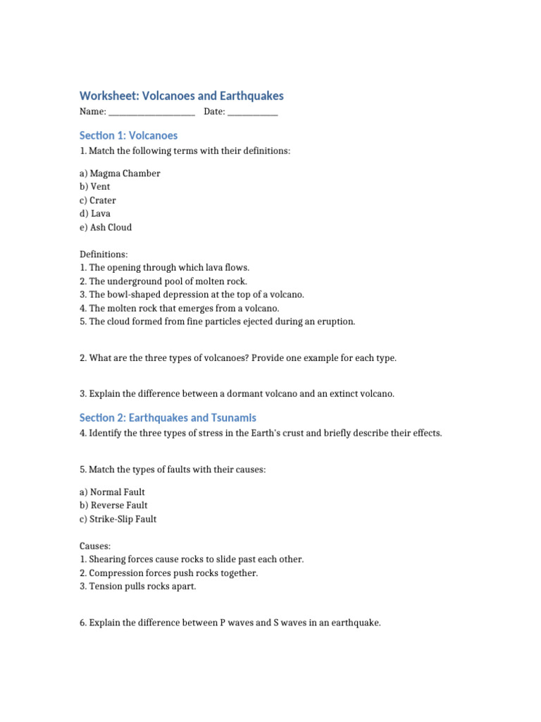 Volcanoes Earthquakes Worksheet | PDF