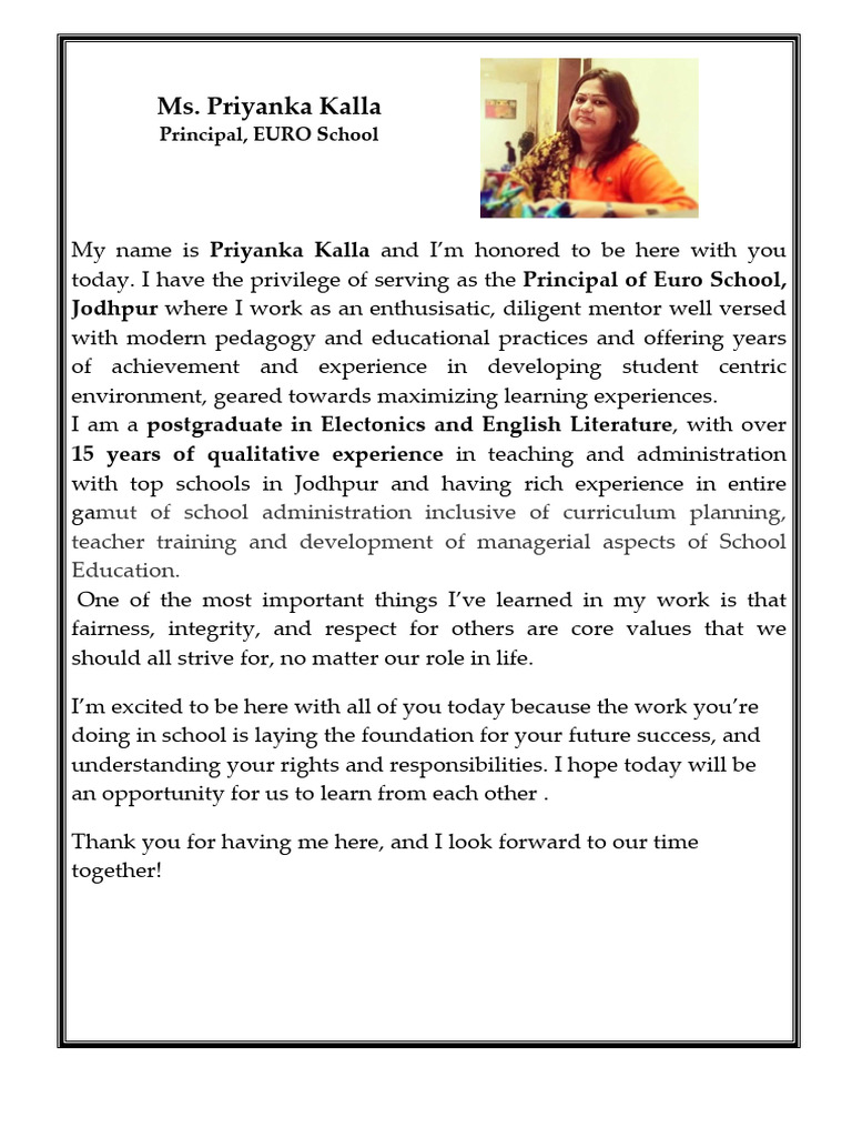 Principal Priyanka Kalla's Vision for Education | PDF
