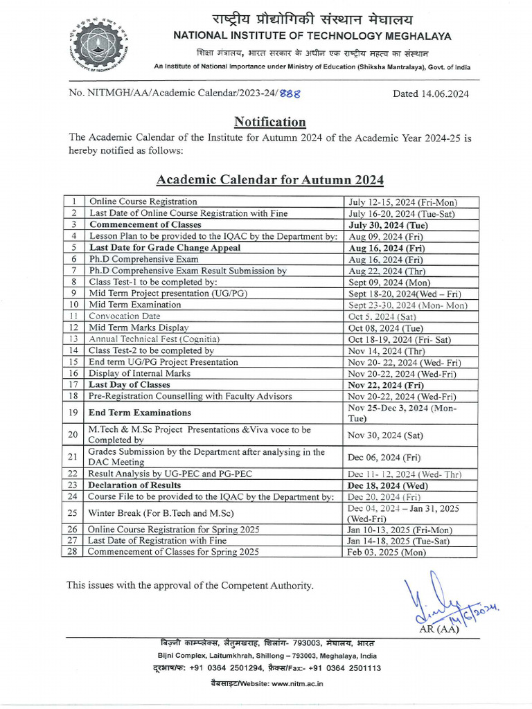 Academic Calendar Autumn 2024 | PDF