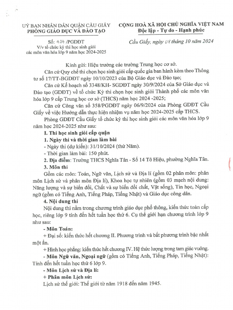 CV To Chuc Ki Thi HSG Cac Mon Van Hoa Lop 9 Nam Hoc 2024 2025 1 | PDF