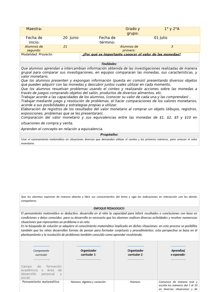 Plan Junio 2022 Monedas | PDF | Aprendizaje | Salón de clases