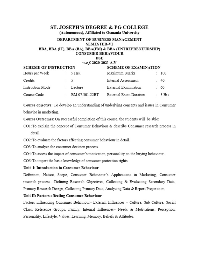 Consumer Behaviour Syllabus | PDF | Behavior | Consumer Behaviour