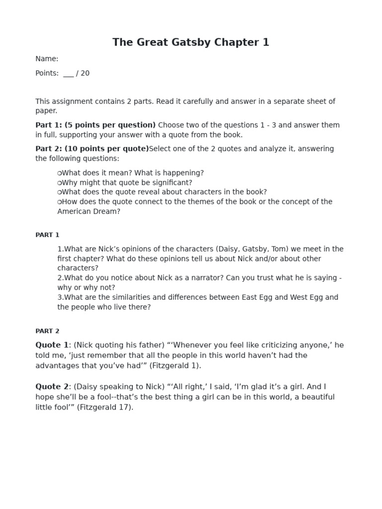 The Great Gatsby Chapter 1 Questions | PDF
