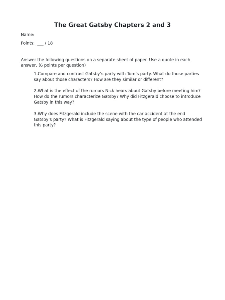 The Great Gatsby Chapters 2 and 3 Questions | PDF