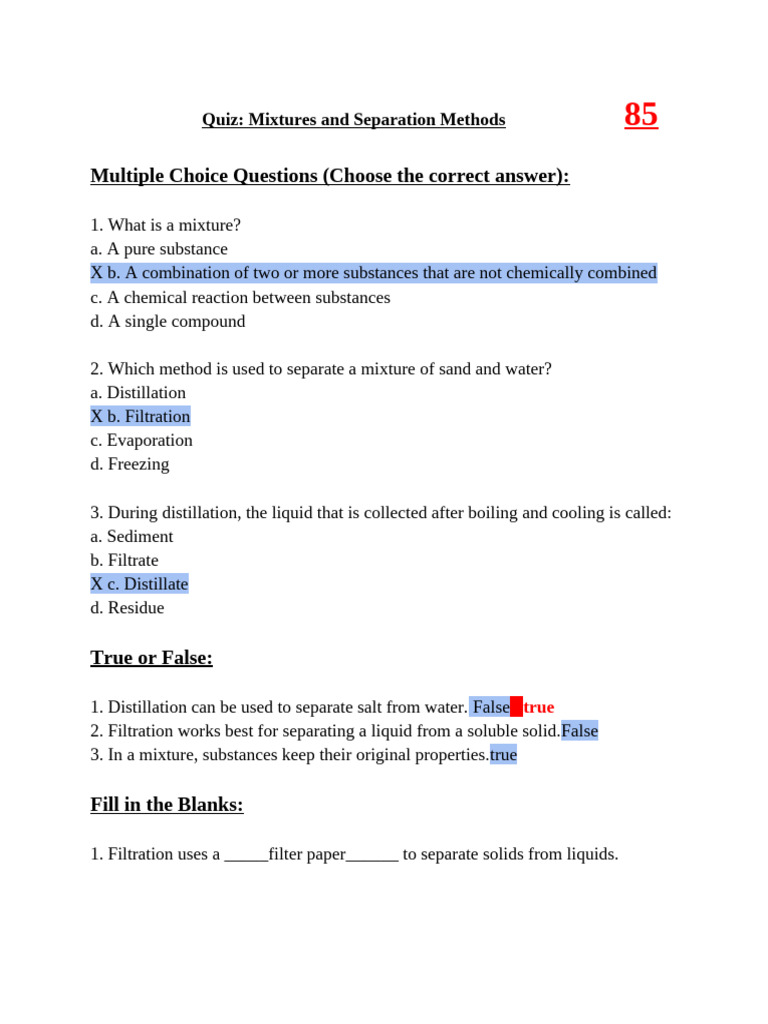 Mixtures and Separation Methods Quiz | PDF