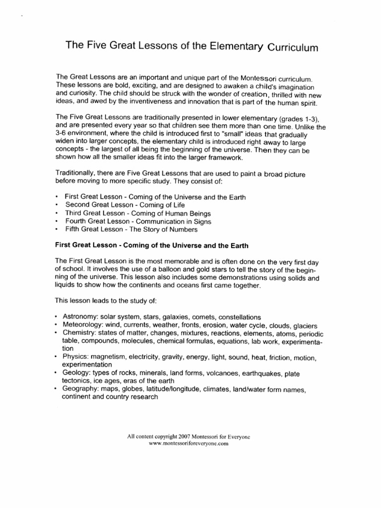 Montessori - 5 Great Lessons of The Elementary Curriculum | PDF