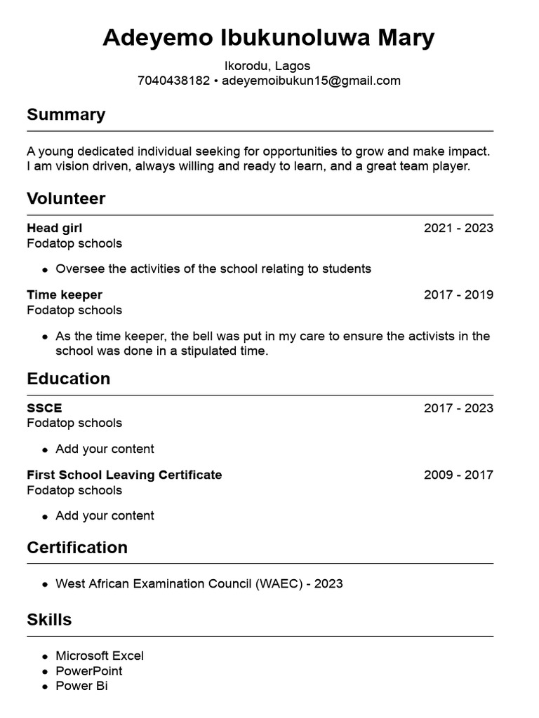 Resume Adeyemo Ibukunoluwa Mary | PDF