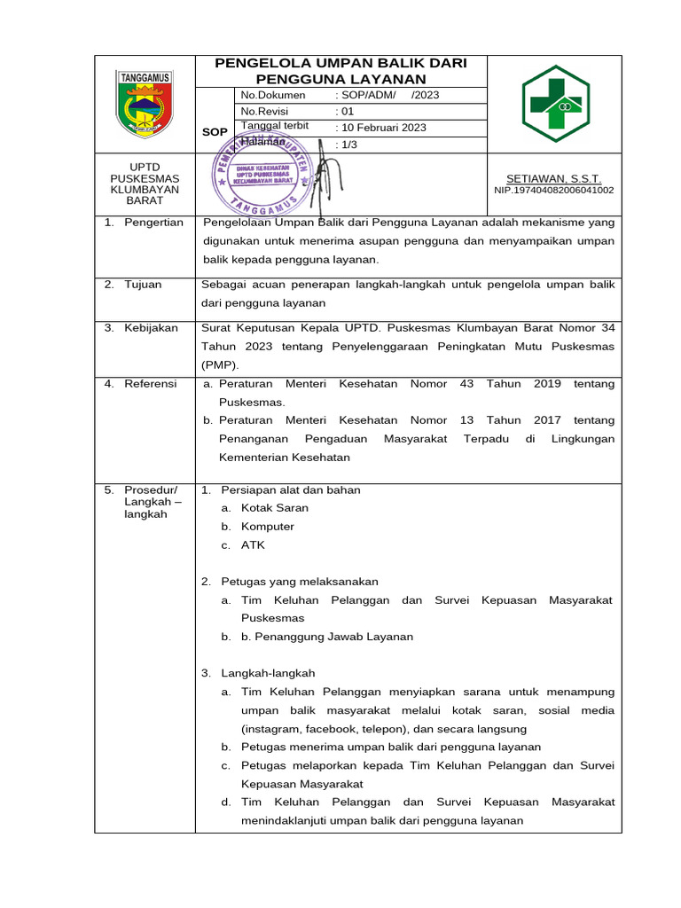SOP Umpan Balik Puskesmas | PDF