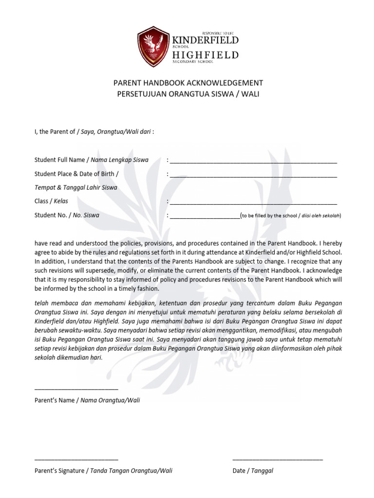 Parent Handbook Acknowledgement | PDF
