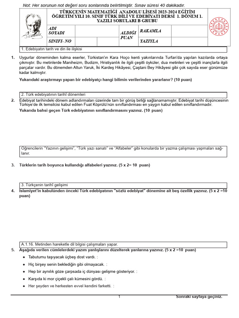 Sinif Sinav B Grubu 300eki̇m | PDF