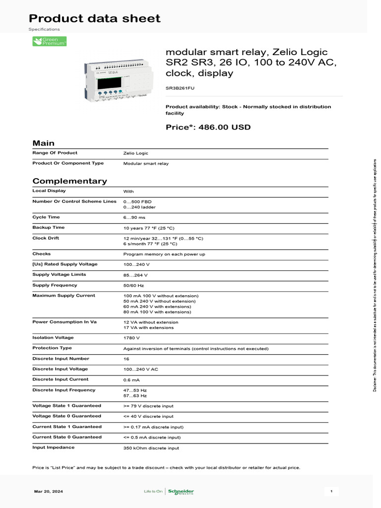 Schneider Electric - Zelio-Logic - SR3B261FU | PDF | Relay | Hertz Schneider Electric - Zelio-Logic - SR3B261FU | PDF | Relay | Hertz